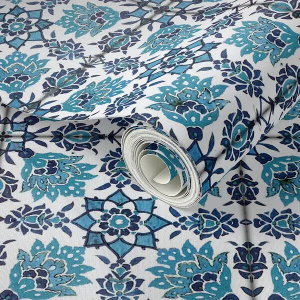 Spoonflower Tile Ice Persian Moroccan Antique Blue Cobalt Custom Pre-pasted Wallpaper