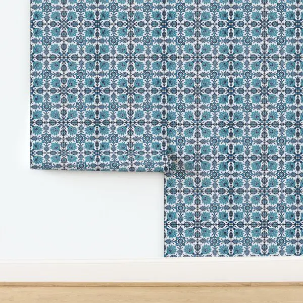 Spoonflower Tile Ice Persian Moroccan Antique Blue Cobalt Custom Pre-pasted Wallpaper