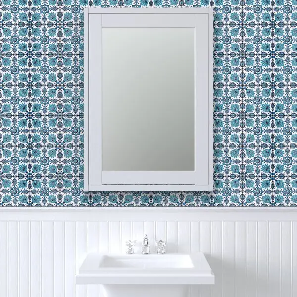 Spoonflower Tile Ice Persian Moroccan Antique Blue Cobalt Custom Pre-pasted Wallpaper