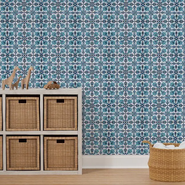 Spoonflower Tile Ice Persian Moroccan Antique Blue Cobalt Custom Pre-pasted Wallpaper