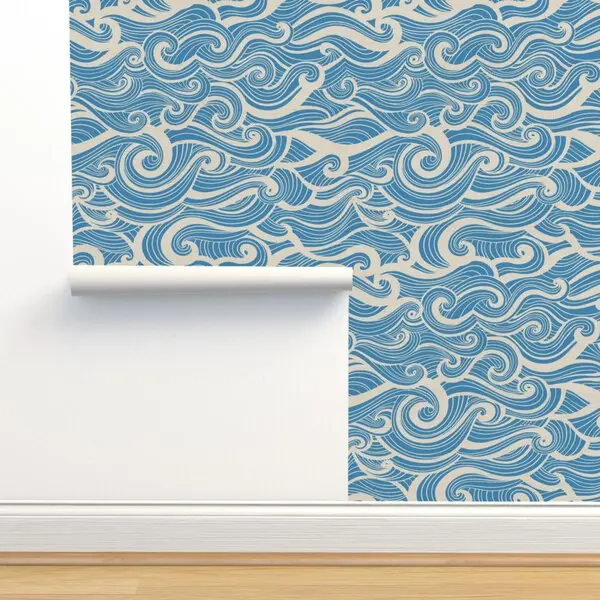 Spoonflower Ocean Waves Cerulean 100% Natural Sisal Grasscloth Wallcovering
