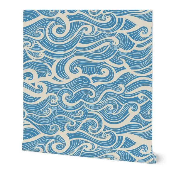 Spoonflower Ocean Waves Cerulean 100% Natural Sisal Grasscloth Wallcovering