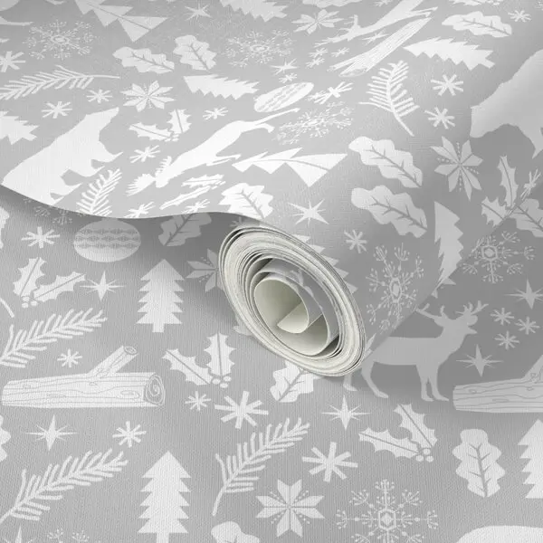 Spoonflower Woodland Christmas Holi Holiday Bear Reindeer Custom Pre-pasted Wallpaper - Gray,white