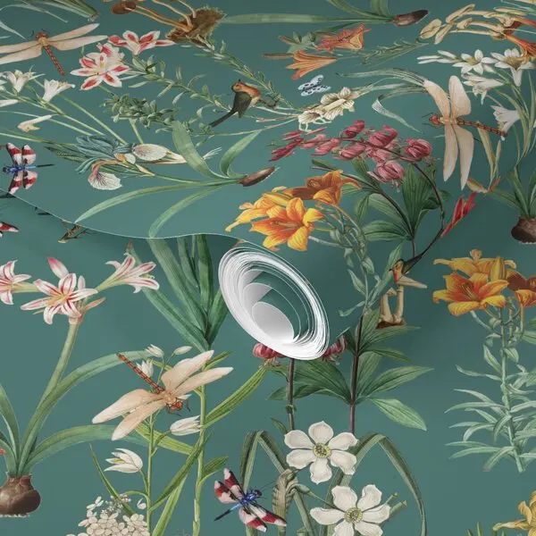 Spoonflower Garden Of Dragonflies Mallard Custom Pre-pasted Wallpaper - Green,beige,brown