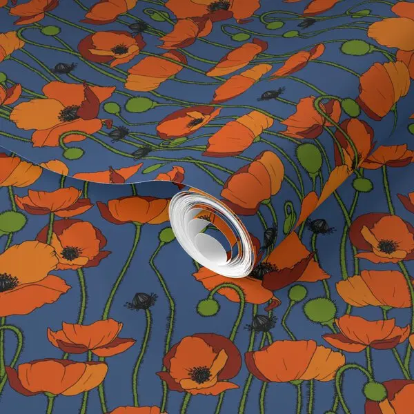 Spoonflower Orange Poppy Blue Custom Pre-pasted Wallpaper - Orange,blue,brown