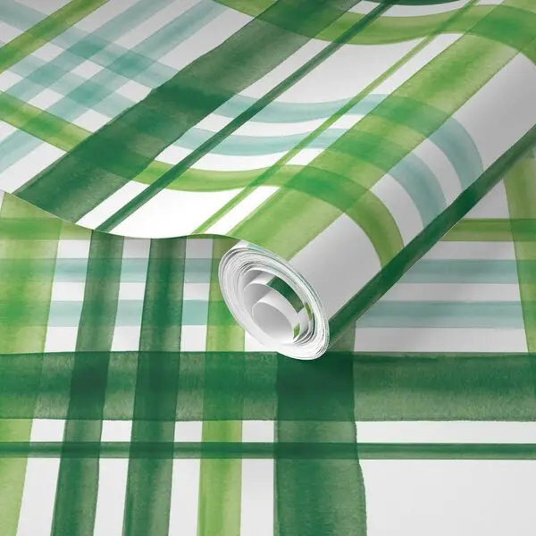 Spoonflower Irish Plaid Watercolor Mint Patricks Day Green Custom Pre-pasted Wallpaper - Green,blue,mint