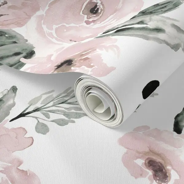 Spoonflower Blush Pink Watercolor Floral Custom Removable Wallpaper - Pink,green,gray