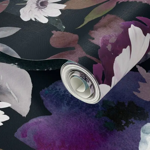 Spoonflower Midnight Floral Dark Deep Colors Watercolor Custom Pre-pasted Wallpaper - Purple,white,black