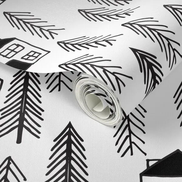 Spoonflower Black And White Forest Trees Outdoor Cabin Custom Pre-pasted Wallpaper - White,gray