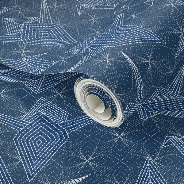 Spoonflower Sashiko Cranes Birds Japanese Origami Custom Removable Wallpaper - Blue