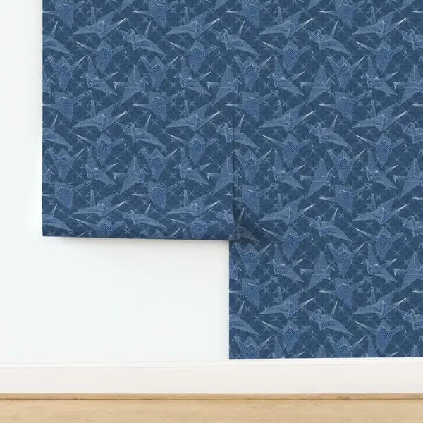 Spoonflower Sashiko Cranes Birds Japanese Origami Custom Removable Wallpaper - Blue