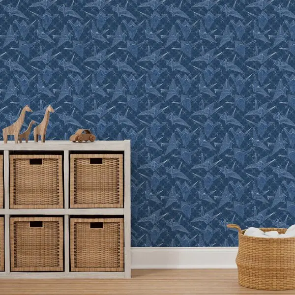 Spoonflower Sashiko Cranes Birds Japanese Origami Custom Removable Wallpaper - Blue