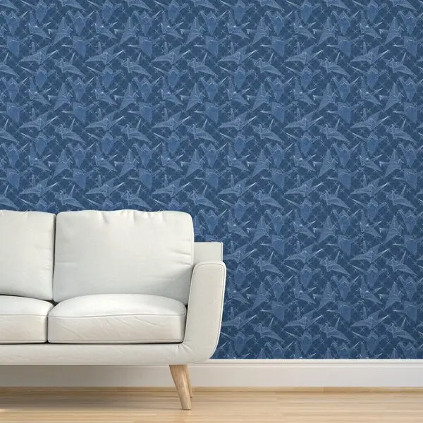 Spoonflower Sashiko Cranes Birds Japanese Origami Custom Removable Wallpaper - Blue