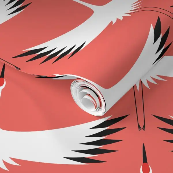 Spoonflower Crane Biology Endangered Species Living Coral Bird Custom Pre-pasted Wallpaper - Red,white,brown