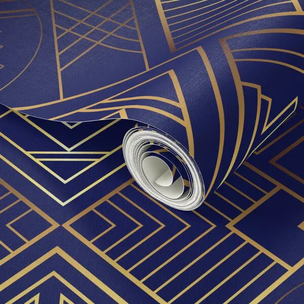 Spoonflower Navy Art Deco Retro 1920s Vintage Blue Gold Custom Removable Wallpaper - Blue,gold,gray