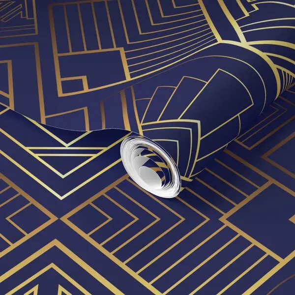 Spoonflower Navy Art Deco Retro 1920s Vintage Blue Gold Custom Removable Wallpaper - Blue,gold,gray
