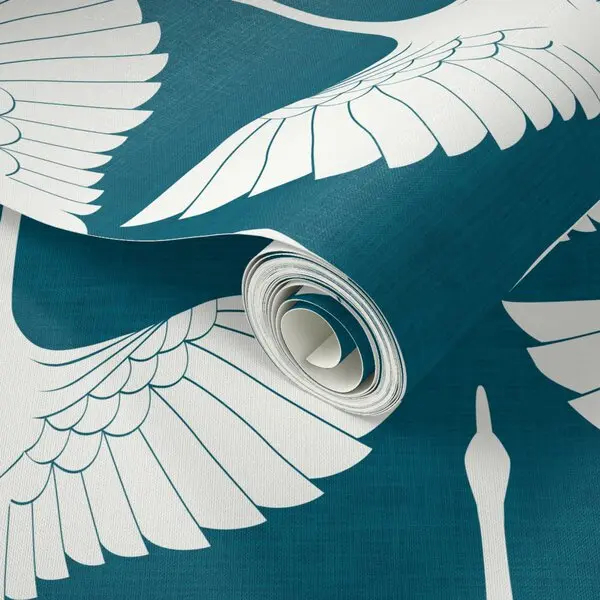 Spoonflower Egret White On Blue Modern Bird Animal Maximalist Custom Removable Wallpaper - Blue,white,mint