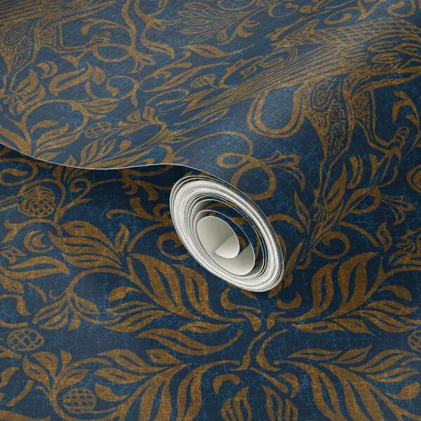 Spoonflower Copper Navy Celtic Medieval Blue Ornate Swirl Custom Pre-pasted Wallpaper - Blue,brown,black