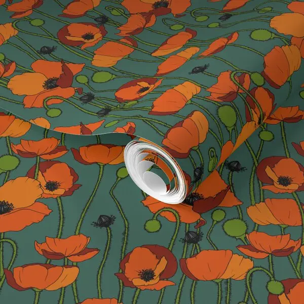 Spoonflower Orange Poppy Roman Glass Custom Pre-pasted Wallpaper - Green,brown