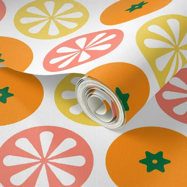 Spoonflower Orange Citrus Scandinavian Retro Summer Traditional Wallpaper - Orange,yellow,pink