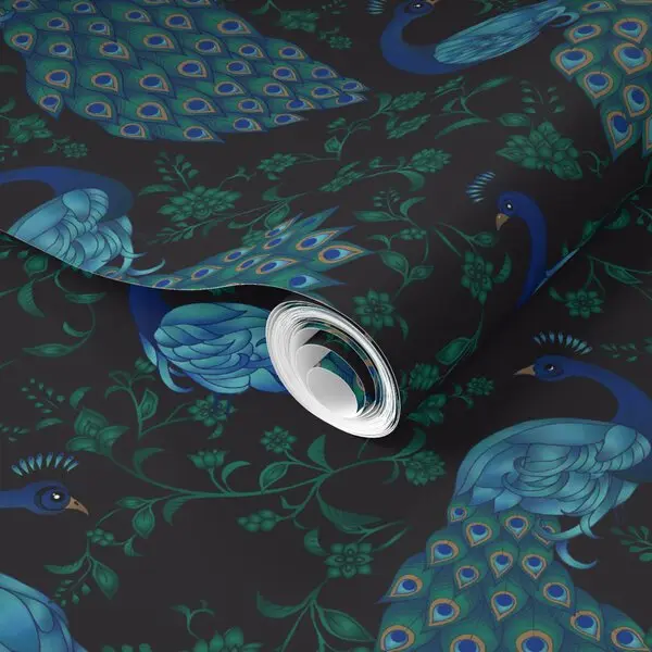Spoonflower Peacock Garden Custom Pre-pasted Wallpaper - Blue,green