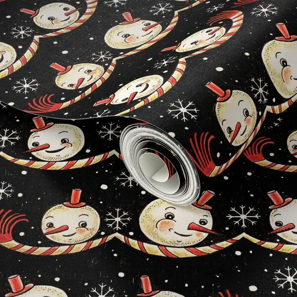 Spoonflower Snowmen Snowman Snowflake Christmas Holiday Custom Pre-pasted Wallpaper - Beige,brown,red