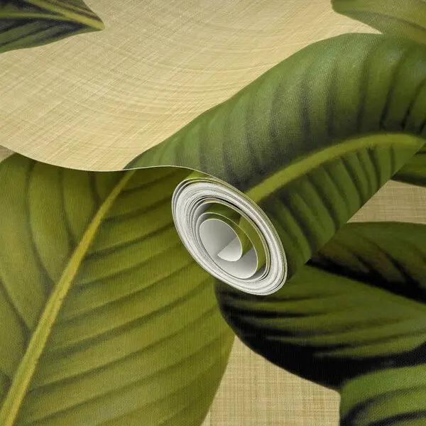 Spoonflower Palm Cream Leaves Botanical Green Tropical Jungle Custom Pre-pasted Wallpaper - Green,beige,brown