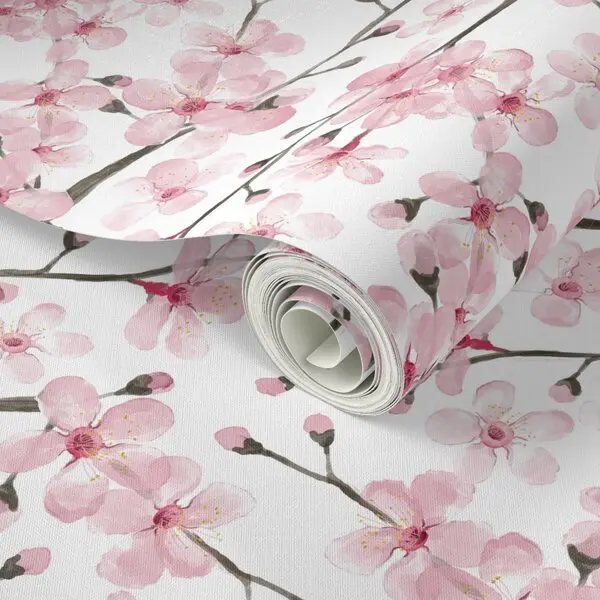Spoonflower Pink Botanical Sakura Cherry Blossom Watercolor Custom Removable Wallpaper - Pink,white,gray