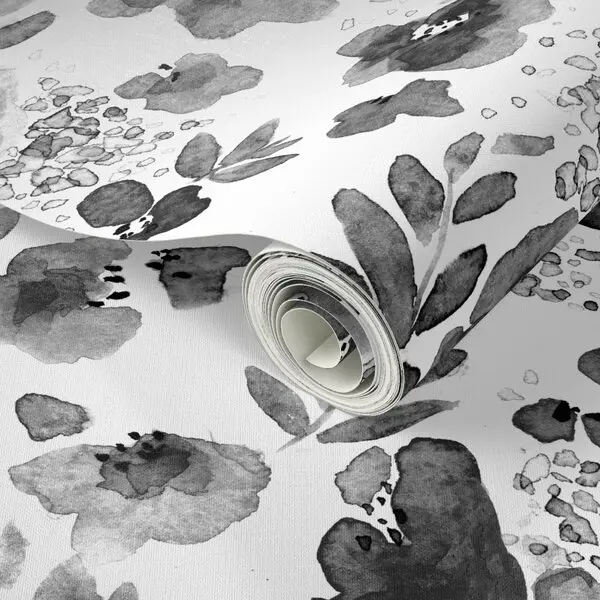 Spoonflower Floral Pattern Black White Print Watercolor Custom Pre-pasted Wallpaper - Black,white,gray