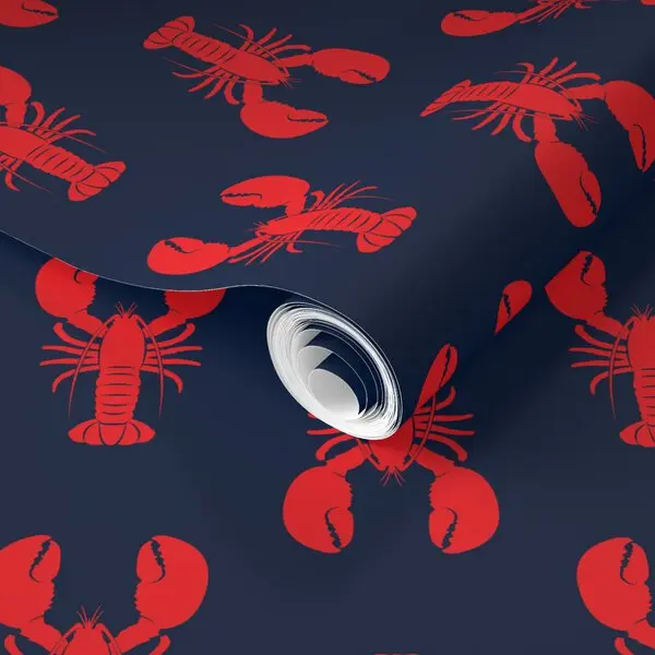 Spoonflower Nautical Lobster Red Lobsters Navy New England Custom Pre-pasted Wallpaper - Blue,red,black
