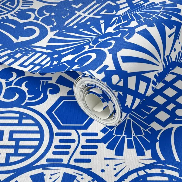 Spoonflower Chinoiserie China Chinese Asian Lantern Symbol Custom Removable Wallpaper - Blue