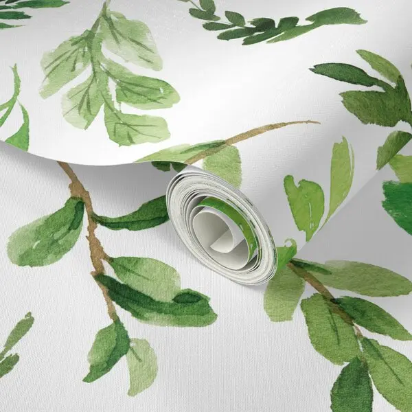 Spoonflower Leaves Branches Leaf Greenery Gold Custom Pre-pasted Wallpaper - Green
