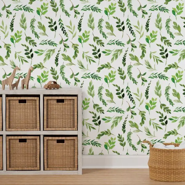 Spoonflower Leaves Branches Leaf Greenery Gold Custom Pre-pasted Wallpaper
