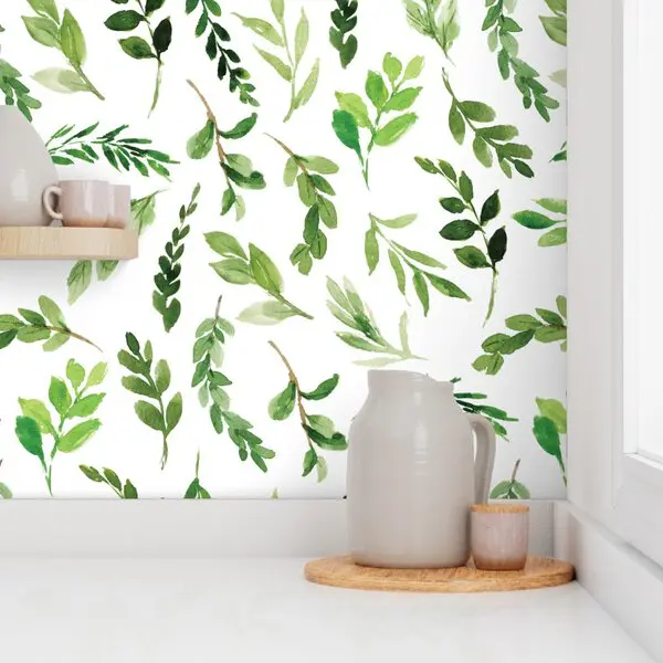 Spoonflower Leaves Branches Leaf Greenery Gold Custom Pre-pasted Wallpaper