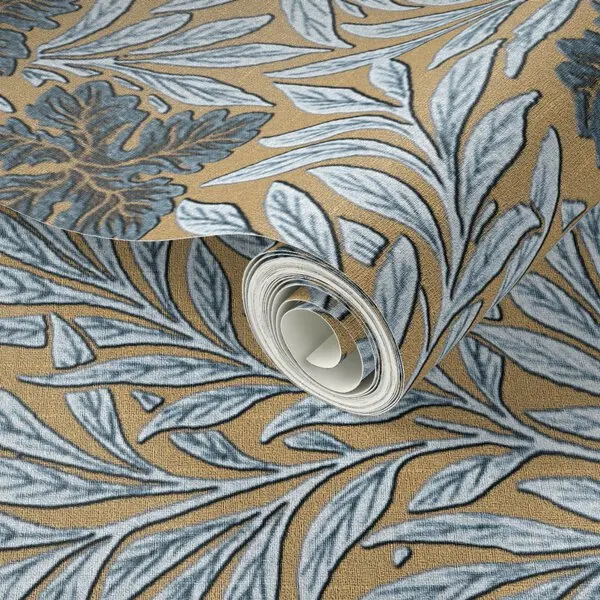Spoonflower Jungle Vines Rustic Floral Leaves Blue White Traditional Wallpaper - Blue,brown,gray