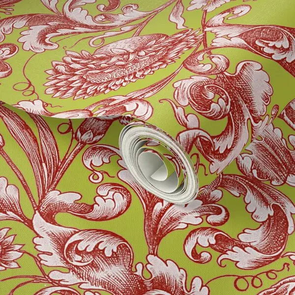 Spoonflower Green Chartreuse Flowers Floral Antique Turkey Red Custom Removable Wallpaper - Brown,red,pink