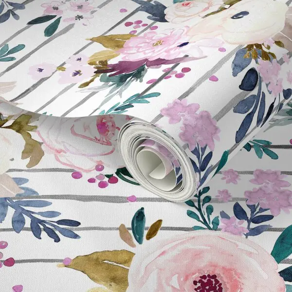 Spoonflower Floral Stripe Vintage Rose Pink Flower Custom Removable Wallpaper - Pink,blue,white