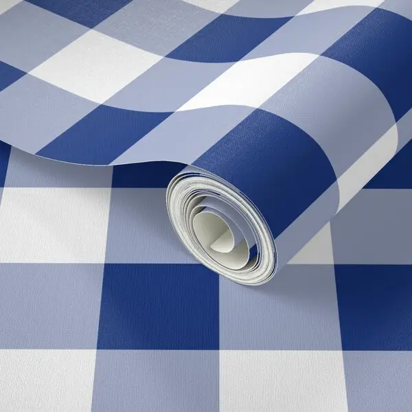 Spoonflower Willow Blue White Gingham Check Cobalt Buffalo Traditional Wallpaper - Blue,white