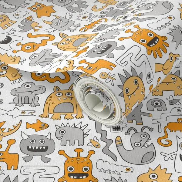 Spoonflower Monsters In Orange On White Custom Removable Wallpaper - Gray,brown,black