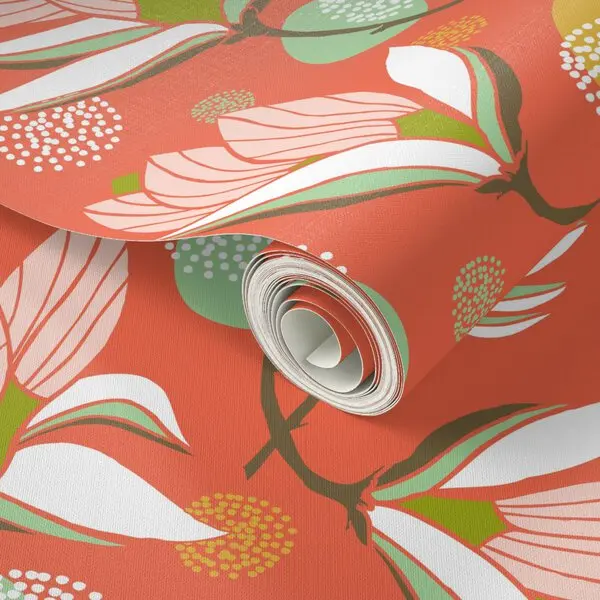Spoonflower Blossom Floral Red Flower Pink Bold Garden Nature Custom Pre-pasted Wallpaper - Orange,pink,beige