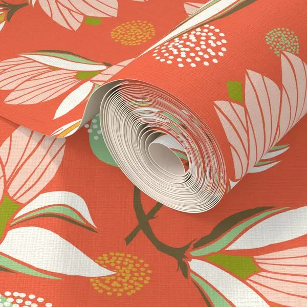 Spoonflower Blossom Floral Red Flower Pink Bold Garden Nature Custom Pre-pasted Wallpaper - Orange,pink,beige
