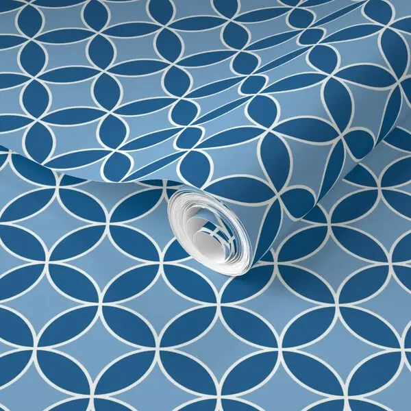 Spoonflower Home Mid Century Rings Custom Pre-pasted Wallpaper - Blue