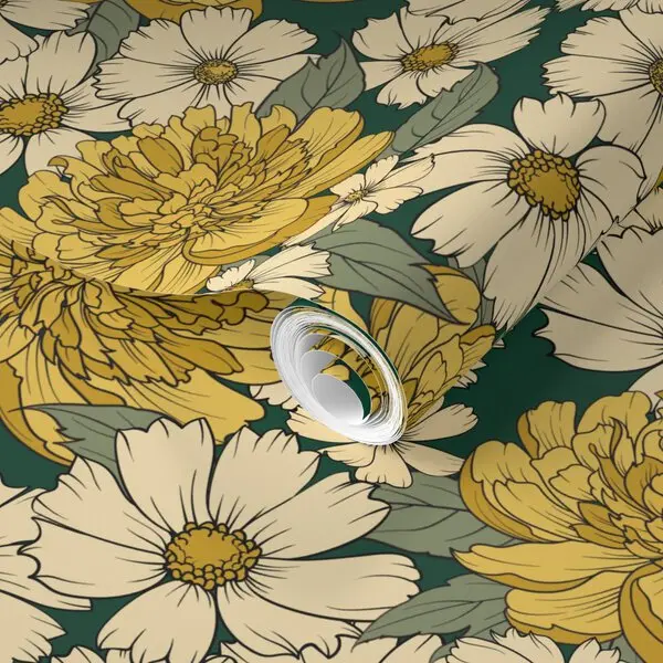Spoonflower Peonies Flowers Brown Floral Spring Neutral Hand Custom Pre-pasted Wallpaper - Yellow,green,brown