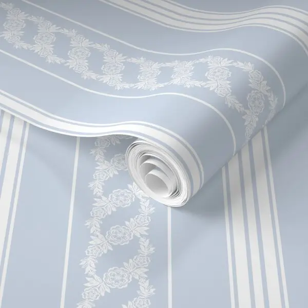 Spoonflower Vintage Flowers Stripes Swedish And White Traditional Wallpaper - Blue