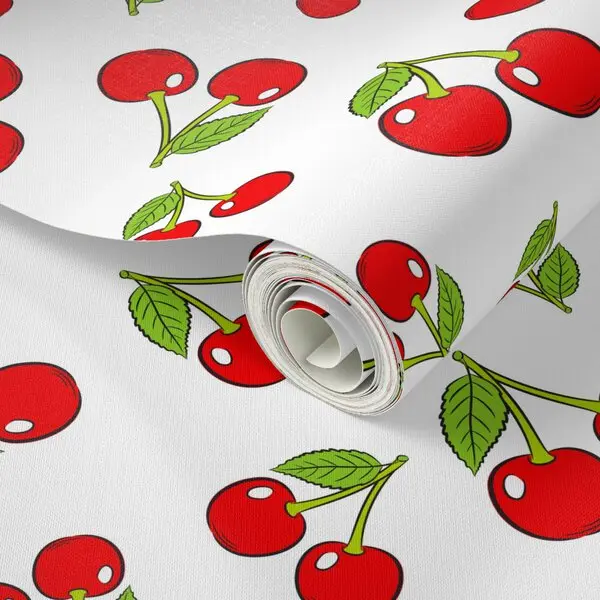 Spoonflower Cherry Fruit Red Cute Retro Custom Pre-pasted Wallpaper - Red,white,green