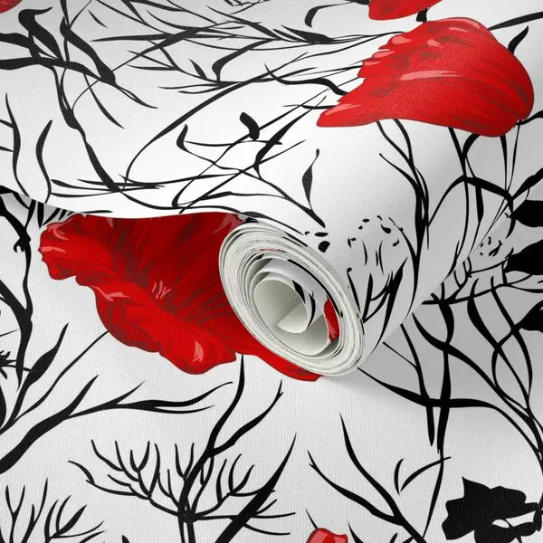 Spoonflower Red Poppy Floral White Hand Drawn Black Foliage Custom Removable Wallpaper - Black,pink,red