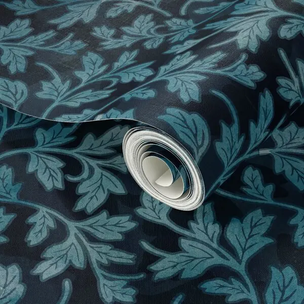 Spoonflower Vintage Botanical Dark Green Blue Victorian Leaf Custom Removable Wallpaper - Blue,black