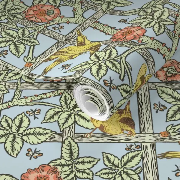 Spoonflower Bird Blue Flowers Floral Antique Victorian Spring Traditional Wallpaper - Green,blue,brown