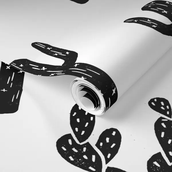 Spoonflower Cactus Black White Block Print Minimal Nordic Custom Pre-pasted Wallpaper - Black,white,gray
