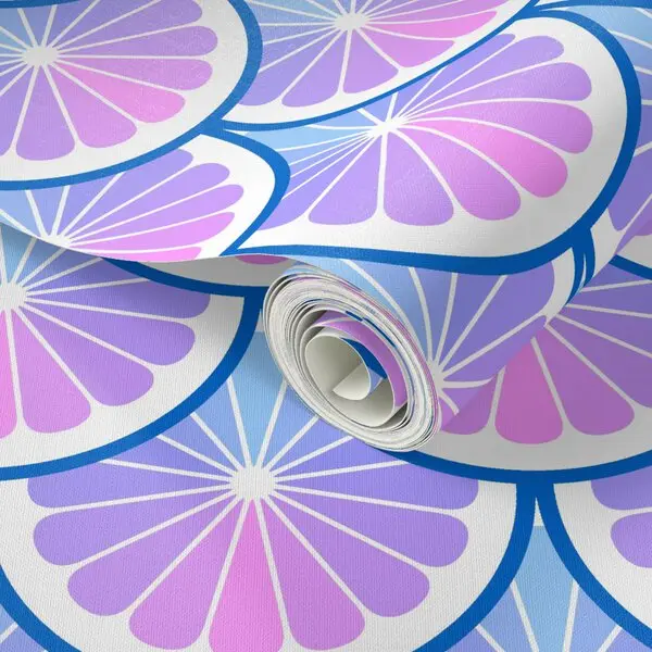 Spoonflower Citrus Scale Scallop Fruit Fruity Circle Custom Removable Wallpaper - Purple,blue